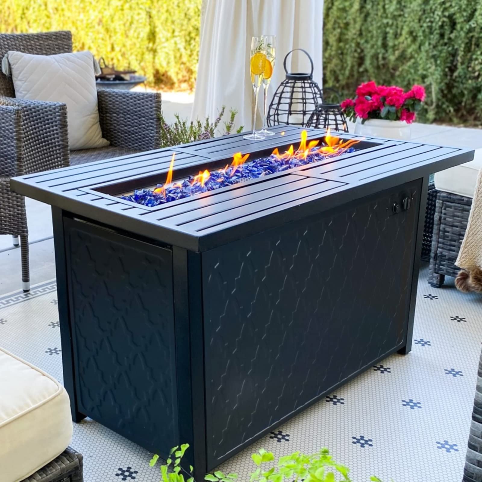 Sophia & William Propane Gas Fire Pit Table 45 Inch 50,000BTU Rectangular Outdoor Firepits for Outside Patio with Lid and Blue Fire Glass, Black