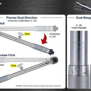 Precisebuilt 3/8" Drive 5-80 ft-lb (0.7-11.2 kg-m) Dual-Direction Click Torque Wrench