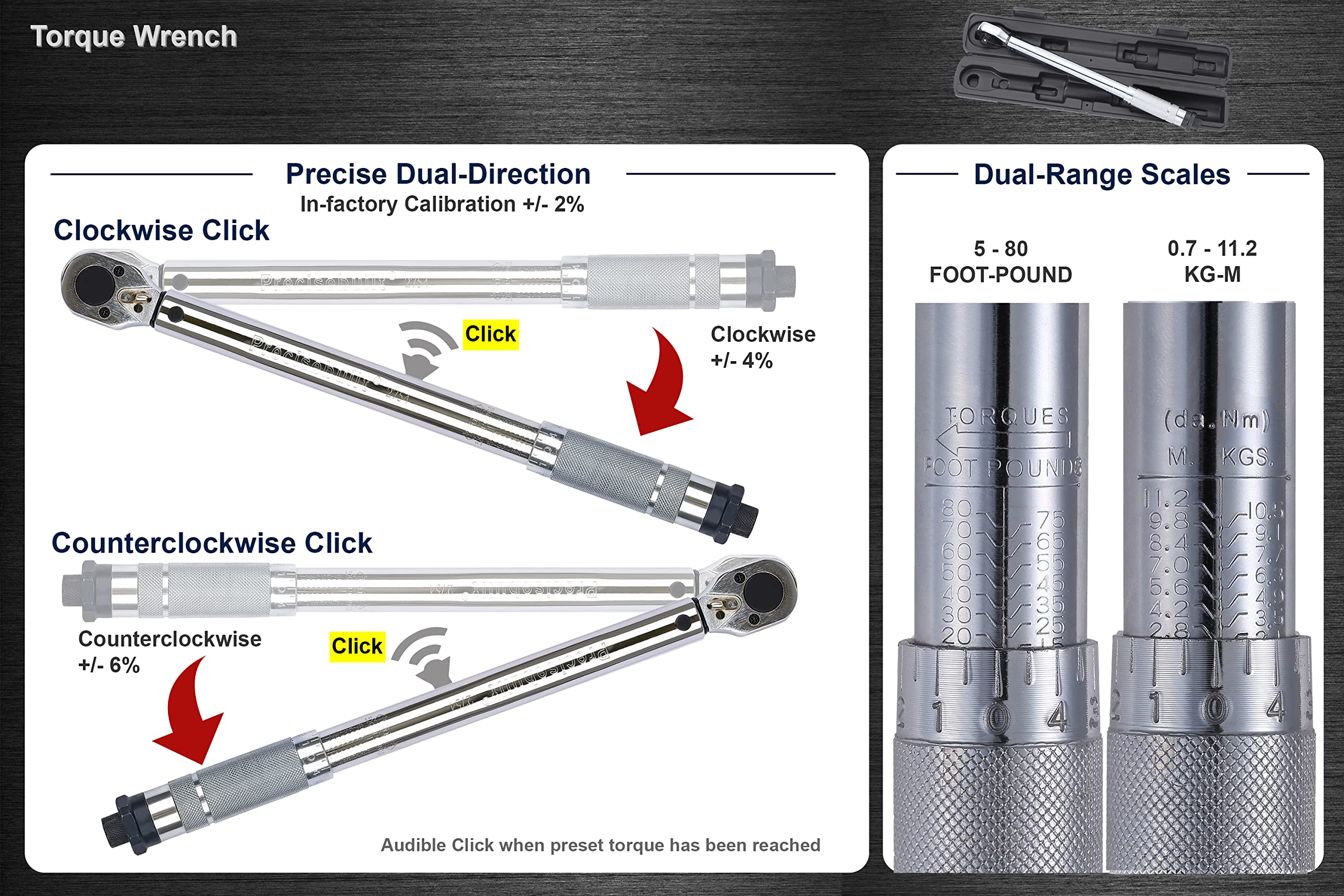 Precisebuilt 3/8" Drive 5-80 ft-lb (0.7-11.2 kg-m) Dual-Direction Click Torque Wrench