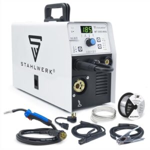 s stahlwerk 185a mig welder 3 in 1 flux mig/solid wire/lift tig/stick welder 110v/220v dual voltage gas/gasless welding machine, white