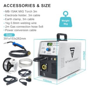 S STAHLWERK 185A Mig Welder 3 in 1 Flux MIG/Solid Wire/Lift TIG/Stick Welder 110V/220V Dual Voltage Gas/Gasless Welding Machine, White