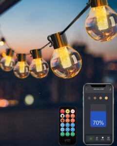 outdoor string lights with dimmer app control, 50ft patio lights waterproof shatterproof g40 globe 25 led bulbs 2000k, connectable christmas hanging light timer remote for indoor outside porch party