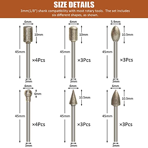 Diamond Drill Grinding Bit Set, Stone Carving Rotary Tools Polishing Kits Diamond-Coated with 1/8-inch Shank Universal Fitment for Stone Glass Ceramics