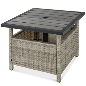 best choice products wicker side table with umbrella hole, square pe rattan outdoor end table for patio, garden, poolside, deck w/uv-resistant frame, storage space - gray