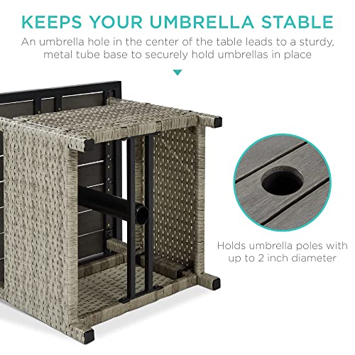 Best Choice Products Wicker Side Table with Umbrella Hole, Square PE Rattan Outdoor End Table for Patio, Garden, Poolside, Deck w/UV-Resistant Frame, Storage Space - Gray