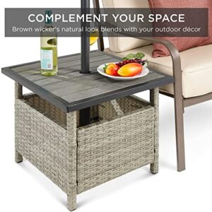 Best Choice Products Wicker Side Table with Umbrella Hole, Square PE Rattan Outdoor End Table for Patio, Garden, Poolside, Deck w/UV-Resistant Frame, Storage Space - Gray