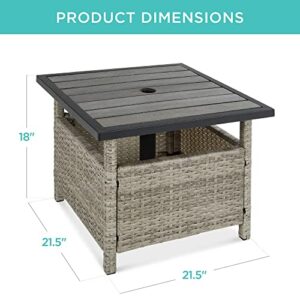 Best Choice Products Wicker Side Table with Umbrella Hole, Square PE Rattan Outdoor End Table for Patio, Garden, Poolside, Deck w/UV-Resistant Frame, Storage Space - Gray