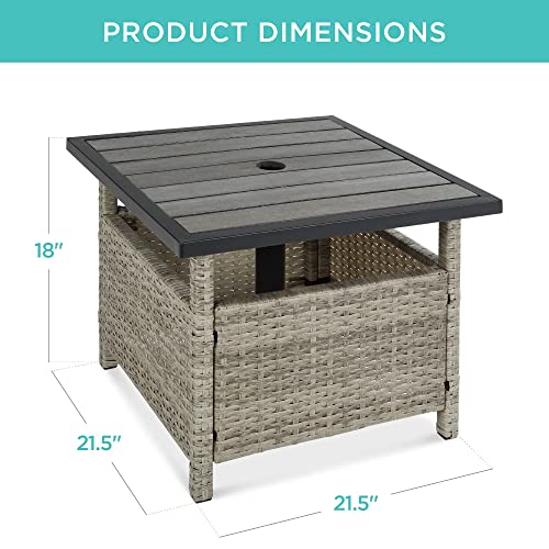 Best Choice Products Wicker Side Table with Umbrella Hole, Square PE Rattan Outdoor End Table for Patio, Garden, Poolside, Deck w/UV-Resistant Frame, Storage Space - Gray