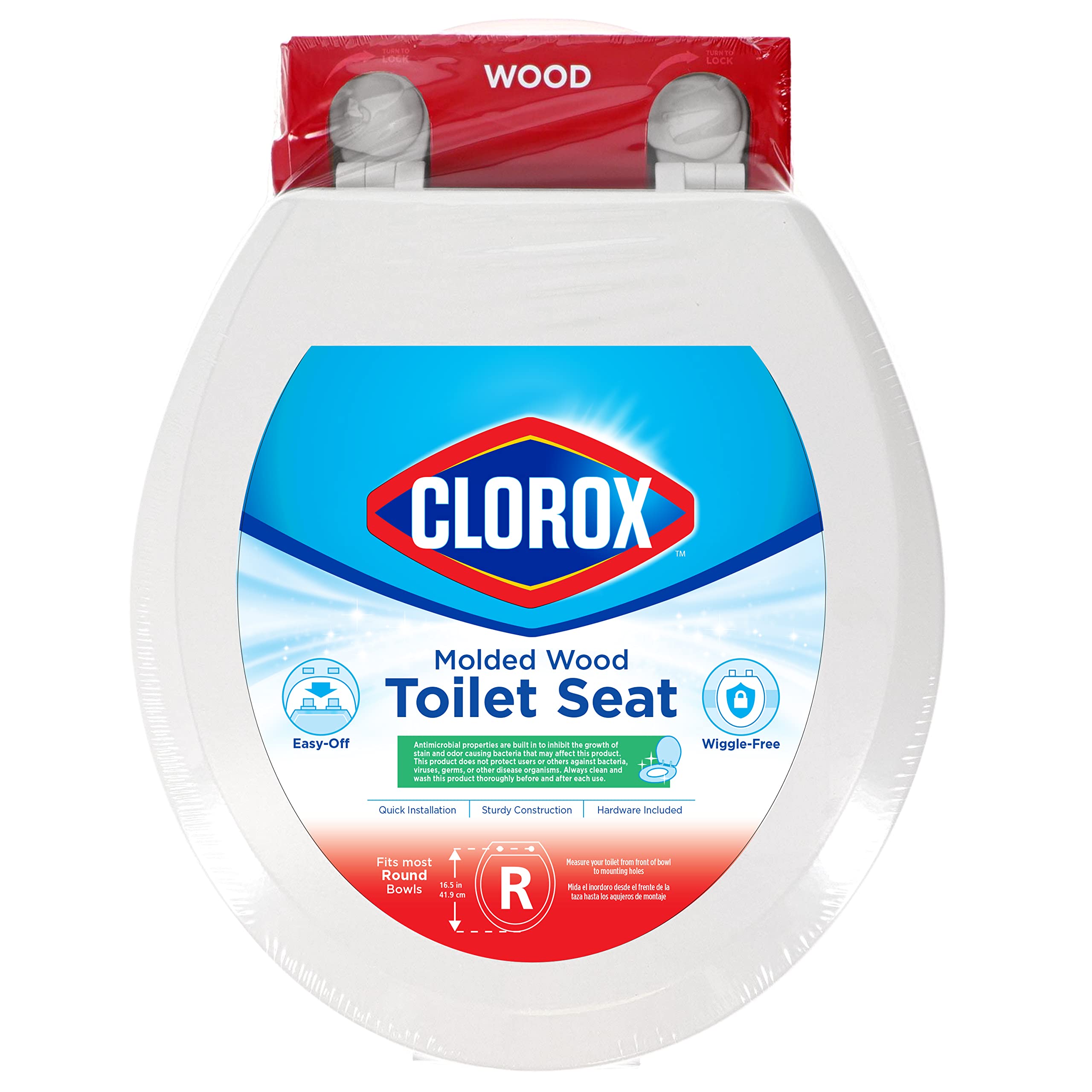 Clorox Round Wood Toilet Seat with Easy-Off Hinges-Wiggle Free Design ‎16.54 x 16.5 x 0.99 inches