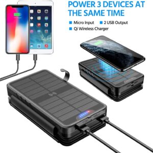 Solar-Charger-Power-Bank - 35800mAh with Dual 5V3.1A Outputs 10W Qi Wireless Charger Waterproof Built-in 4 Solar Panel and Bright Flashlights