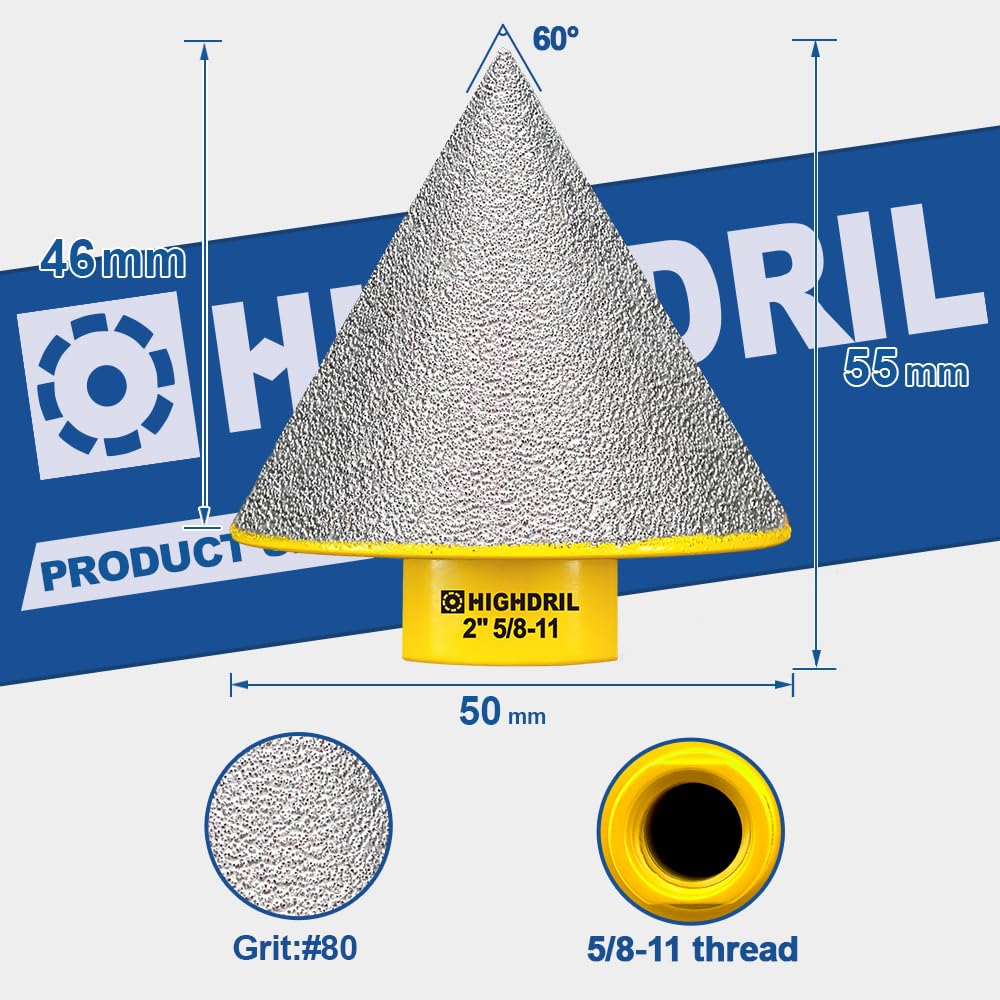 HIGHDRIL Diamond Beveling Chamfer Bits 2" x 5/8"-11 Thread for Existing Hole Trimming Finishing Cleaning Enlarging Marble Porcelain Tiles Granite