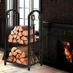 Goplus Firewood Rack with 4 Fireplace Tools, Wrought Iron Log Holders with Poker, Tong, Brush and Shovel, Indoor Outdoor Lumbar Storage Rack, Fireplace Tools Sets for Fire Pit, Wood Stove, Bronze