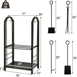 Goplus Firewood Rack with 4 Fireplace Tools, Wrought Iron Log Holders with Poker, Tong, Brush and Shovel, Indoor Outdoor Lumbar Storage Rack, Fireplace Tools Sets for Fire Pit, Wood Stove, Bronze