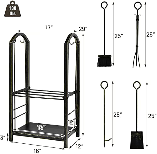 Goplus Firewood Rack with 4 Fireplace Tools, Wrought Iron Log Holders with Poker, Tong, Brush and Shovel, Indoor Outdoor Lumbar Storage Rack, Fireplace Tools Sets for Fire Pit, Wood Stove, Bronze