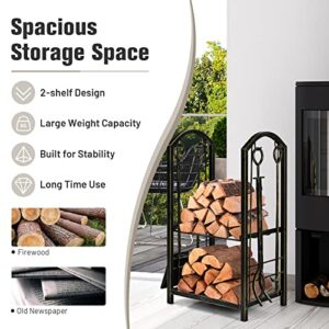 Goplus Firewood Rack with 4 Fireplace Tools, Wrought Iron Log Holders with Poker, Tong, Brush and Shovel, Indoor Outdoor Lumbar Storage Rack, Fireplace Tools Sets for Fire Pit, Wood Stove, Bronze