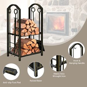 Goplus Firewood Rack with 4 Fireplace Tools, Wrought Iron Log Holders with Poker, Tong, Brush and Shovel, Indoor Outdoor Lumbar Storage Rack, Fireplace Tools Sets for Fire Pit, Wood Stove, Bronze