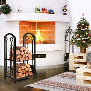 Goplus Firewood Rack with 4 Fireplace Tools, Wrought Iron Log Holders with Poker, Tong, Brush and Shovel, Indoor Outdoor Lumbar Storage Rack, Fireplace Tools Sets for Fire Pit, Wood Stove, Bronze