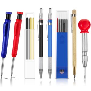 8 pieces carpenter scriber marking kit includes 4 mechanical carpenter pencils, 2 packs marker refills, metal carbide scriber and automatic center punch woodworker tool for glass, ceramics, steel