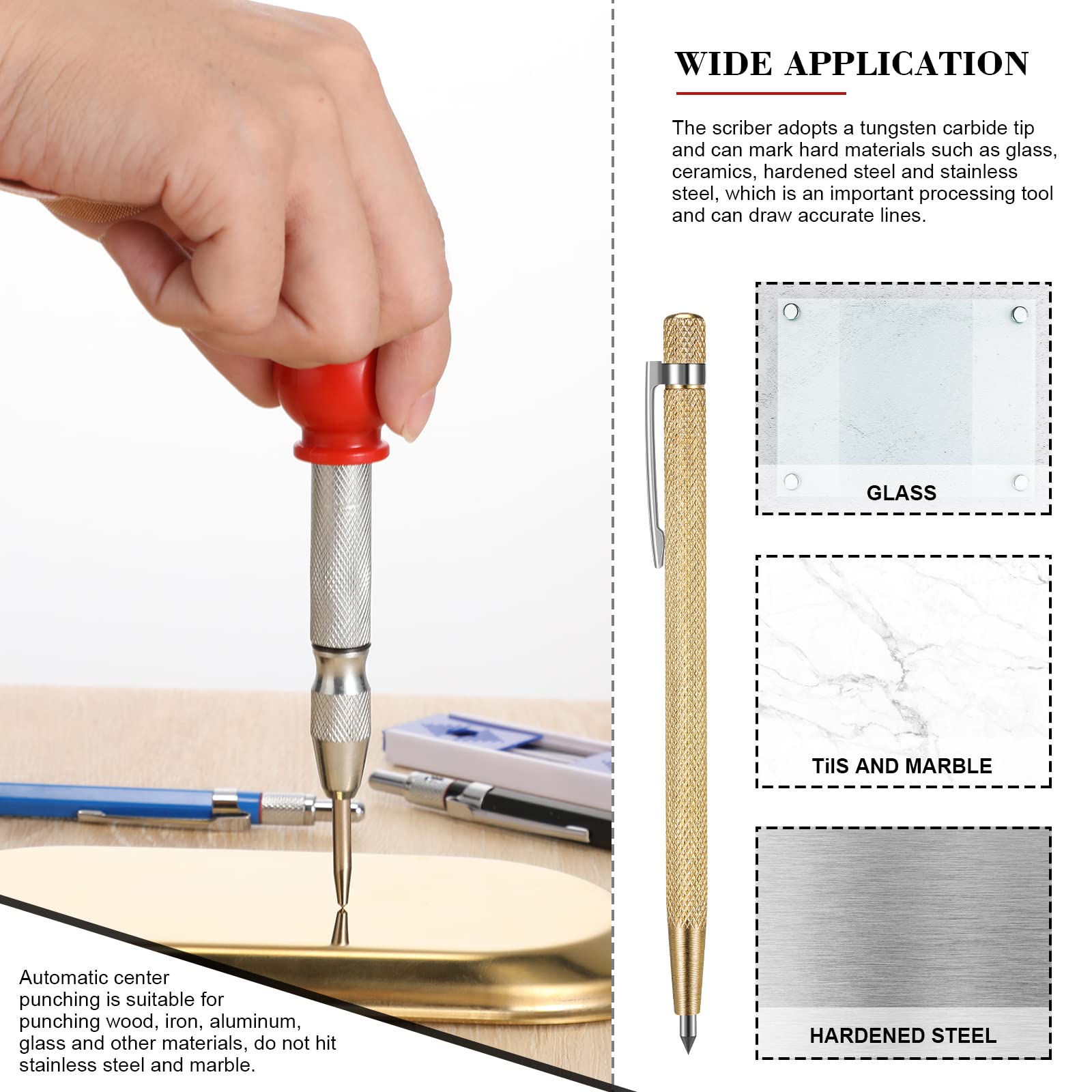 8 Pieces Carpenter Scriber Marking Kit Includes 4 Mechanical Carpenter Pencils, 2 Packs Marker Refills, Metal Carbide Scriber and Automatic Center Punch Woodworker Tool for Glass, Ceramics, Steel