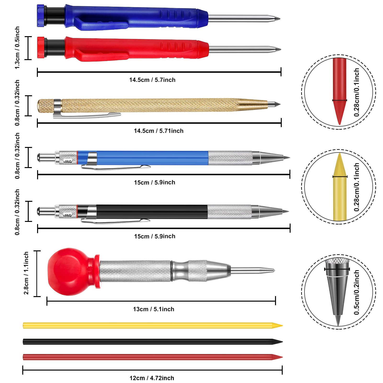 8 Pieces Carpenter Scriber Marking Kit Includes 4 Mechanical Carpenter Pencils, 2 Packs Marker Refills, Metal Carbide Scriber and Automatic Center Punch Woodworker Tool for Glass, Ceramics, Steel