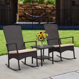 outdoor pe wicker porch rocking chair 3 piece patio bistro set garden conversation furniture brown rattan with glass coffee table, khaki cushion