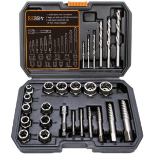 rebra screw&bolt extractor set and left-hand drill bit set, with hex adapter, easy out stripped screw remover socket set tool for stripped, damaged, rounded-off, rusted bolts, nuts&screws 26-pieces