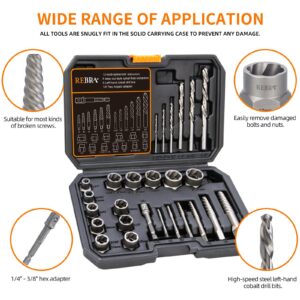 REBRA Screw&Bolt Extractor Set and Left-Hand Drill Bit Set, with Hex Adapter, Easy Out Stripped Screw Remover Socket Set Tool for Stripped, Damaged, Rounded-Off, Rusted Bolts, Nuts&Screws 26-Pieces