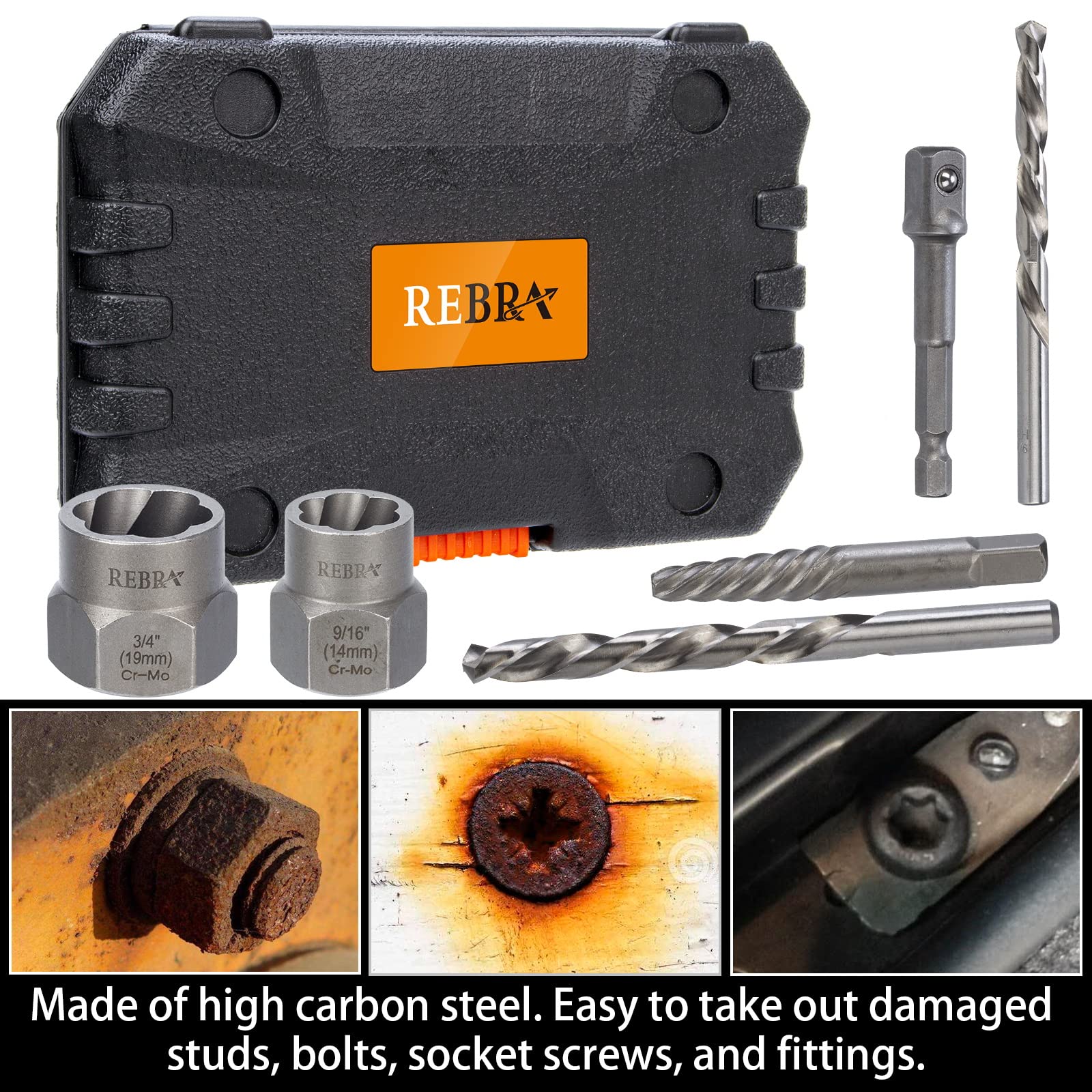 REBRA Screw&Bolt Extractor Set and Left-Hand Drill Bit Set, with Hex Adapter, Easy Out Stripped Screw Remover Socket Set Tool for Stripped, Damaged, Rounded-Off, Rusted Bolts, Nuts&Screws 26-Pieces