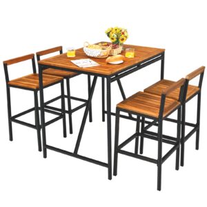 tangkula 5-piece outdoor acacia wood bar table set, bar height outdoor and rattan dining set, rectangular bar table with umbrella hole and 4 bar stools for patio, garden and backyard (black)