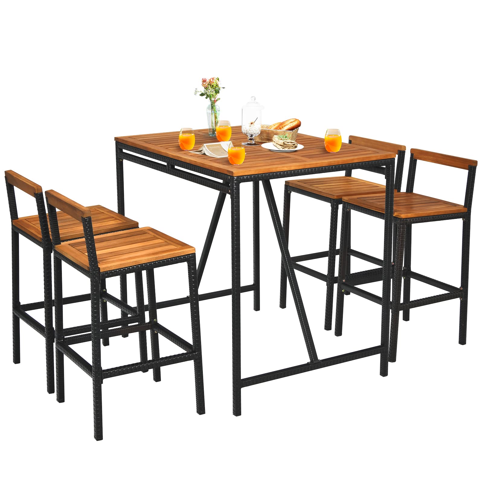 Tangkula 5-Piece Outdoor Acacia Wood Bar Table Set, Bar Height Outdoor and Rattan Dining Set, Rectangular Bar Table with Umbrella Hole and 4 Bar Stools for Patio, Garden and Backyard (Black)