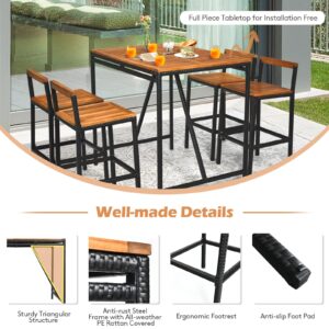 Tangkula 5-Piece Outdoor Acacia Wood Bar Table Set, Bar Height Outdoor and Rattan Dining Set, Rectangular Bar Table with Umbrella Hole and 4 Bar Stools for Patio, Garden and Backyard (Black)