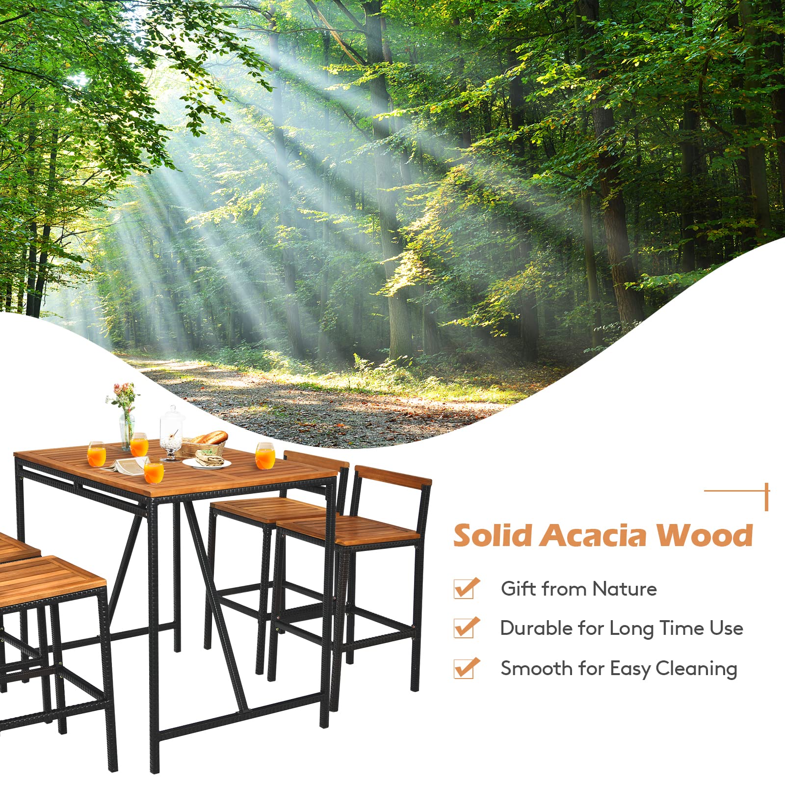 Tangkula 5-Piece Outdoor Acacia Wood Bar Table Set, Bar Height Outdoor and Rattan Dining Set, Rectangular Bar Table with Umbrella Hole and 4 Bar Stools for Patio, Garden and Backyard (Black)