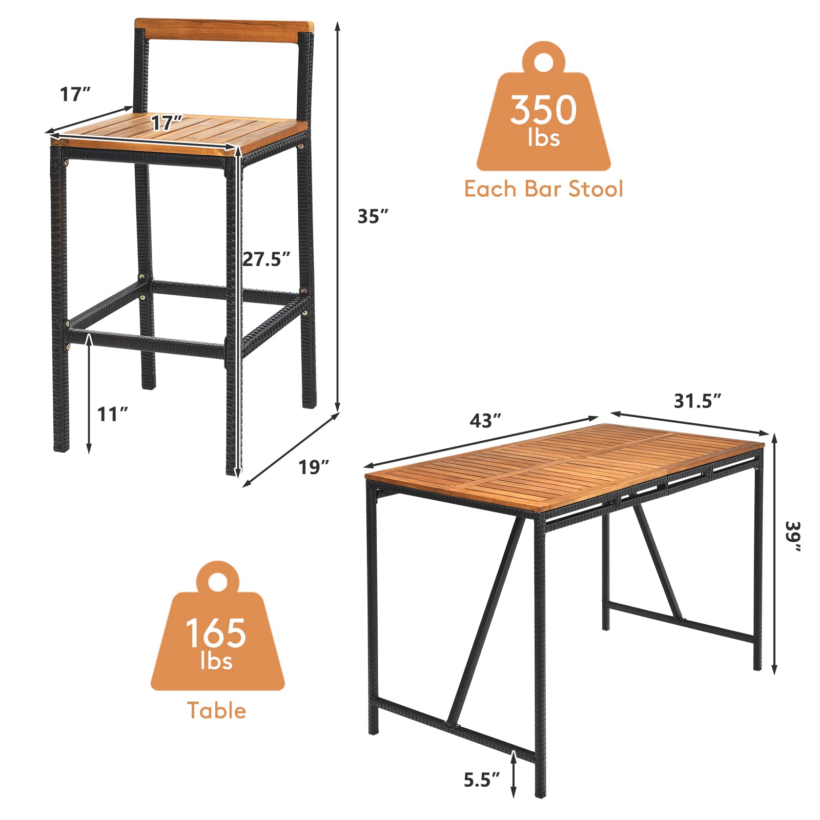 Tangkula 5-Piece Outdoor Acacia Wood Bar Table Set, Bar Height Outdoor and Rattan Dining Set, Rectangular Bar Table with Umbrella Hole and 4 Bar Stools for Patio, Garden and Backyard (Black)