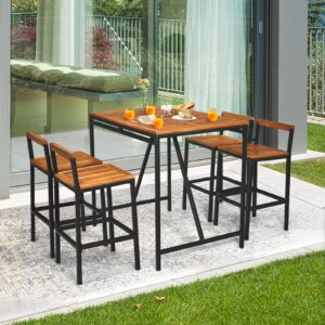 Tangkula 5-Piece Outdoor Acacia Wood Bar Table Set, Bar Height Outdoor and Rattan Dining Set, Rectangular Bar Table with Umbrella Hole and 4 Bar Stools for Patio, Garden and Backyard (Black)