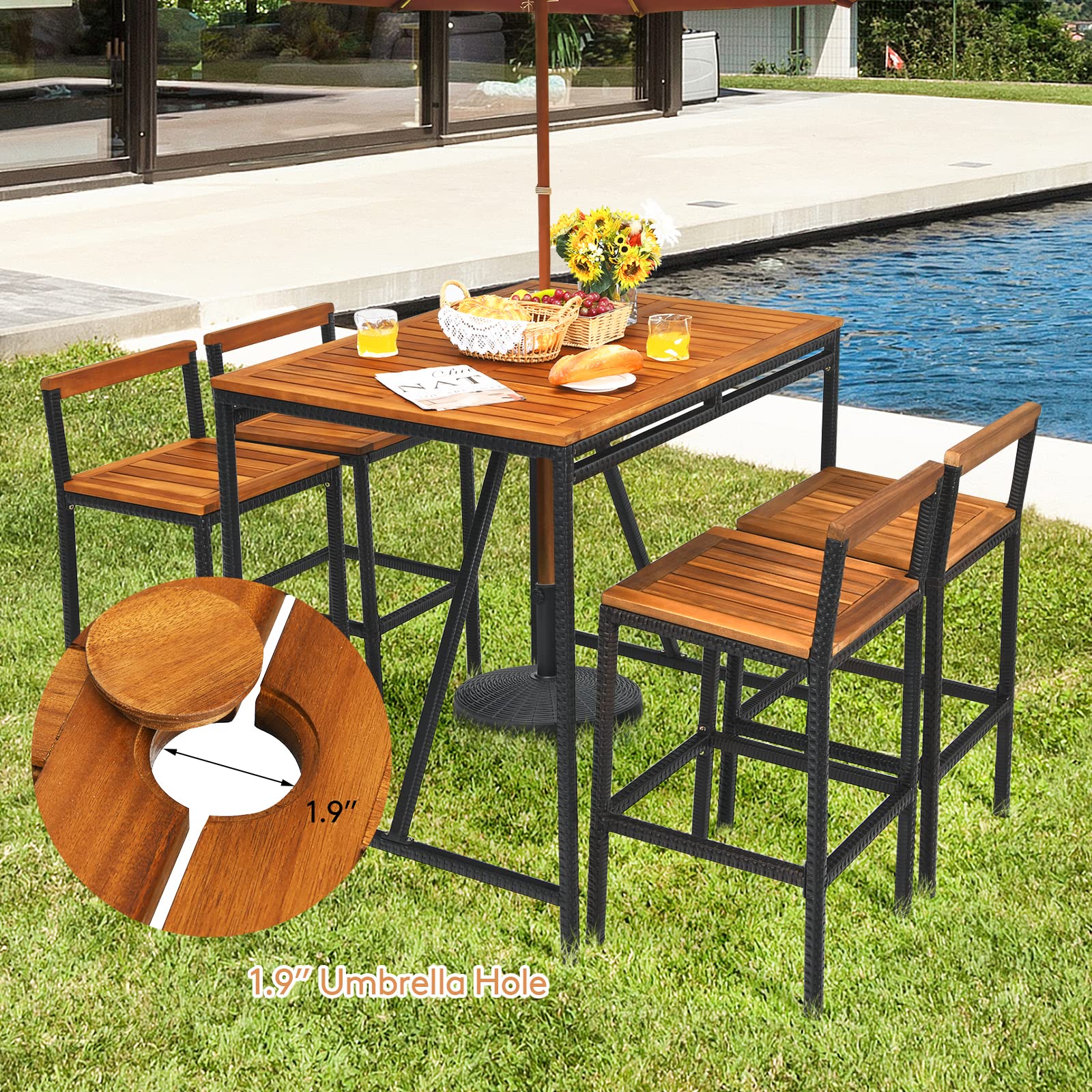 Tangkula 5-Piece Outdoor Acacia Wood Bar Table Set, Bar Height Outdoor and Rattan Dining Set, Rectangular Bar Table with Umbrella Hole and 4 Bar Stools for Patio, Garden and Backyard (Black)