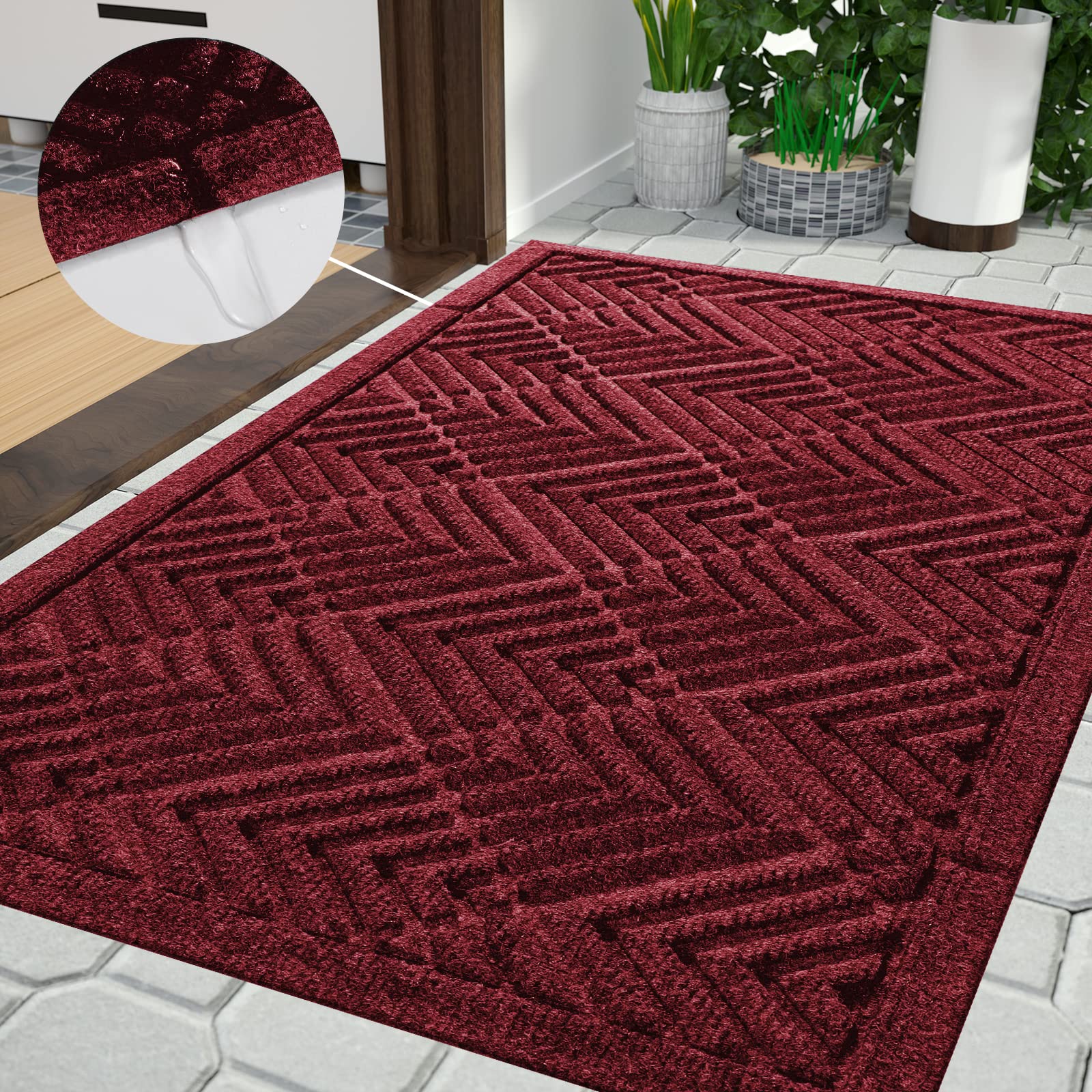 Yimobra Door Mat Outdoor Entrance with Water Freeing Port, Heavy Duty Non Slip Front Doormat Outdoor Indoor for Home Entranway, Patio Entrance Mats, Natural Rubber Backing, 29.5 x 17 Inch, Wine Red