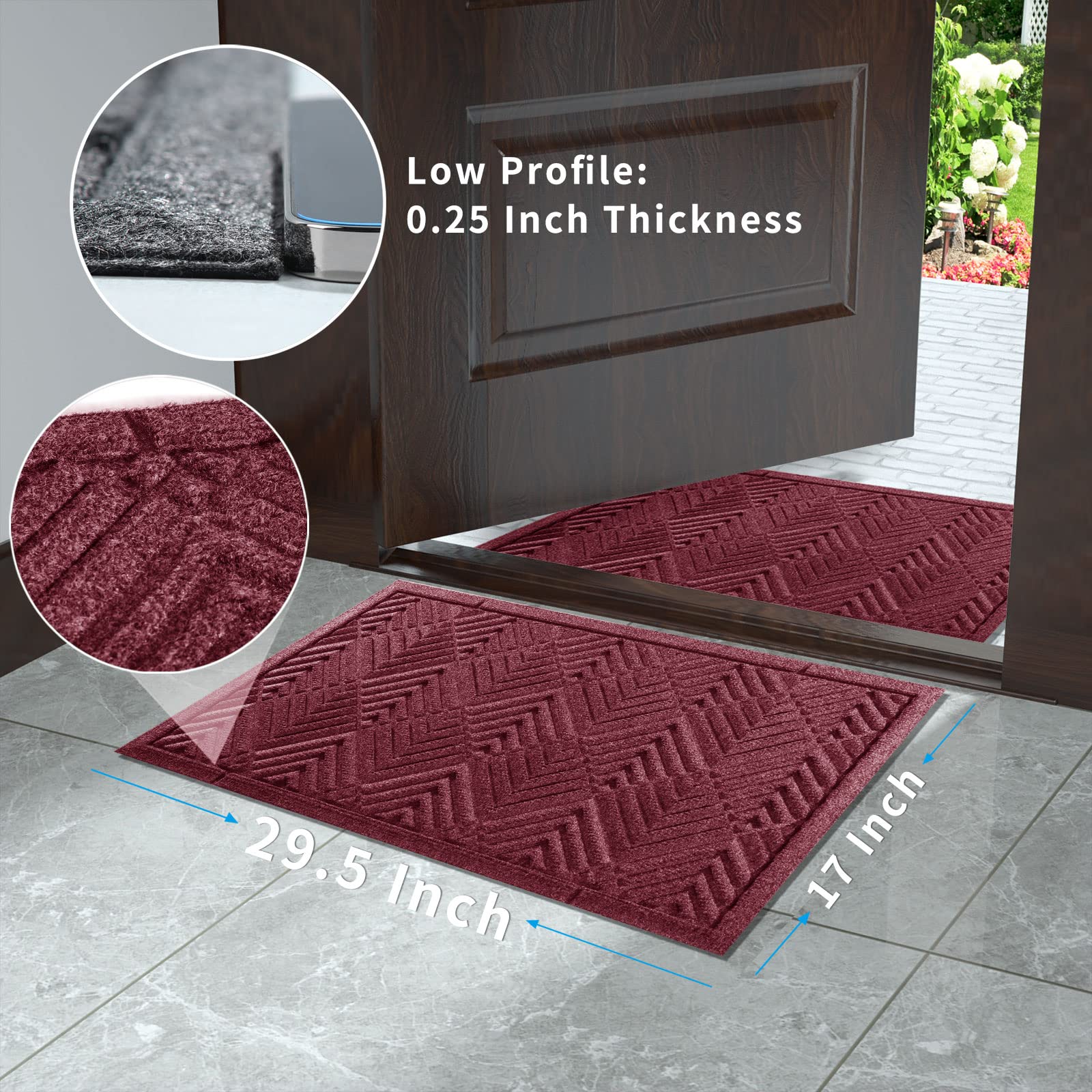 Yimobra Door Mat Outdoor Entrance with Water Freeing Port, Heavy Duty Non Slip Front Doormat Outdoor Indoor for Home Entranway, Patio Entrance Mats, Natural Rubber Backing, 29.5 x 17 Inch, Wine Red