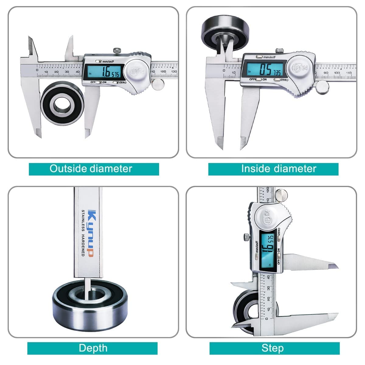 Kynup 0-12 Inch Digital Caliper, Caliper Measuring Tool with Stainless Steel, IP54 Waterproof Protection Design, Easy Switch from Inch Metric Fraction, Large LCD Screen (200mm/300mm)