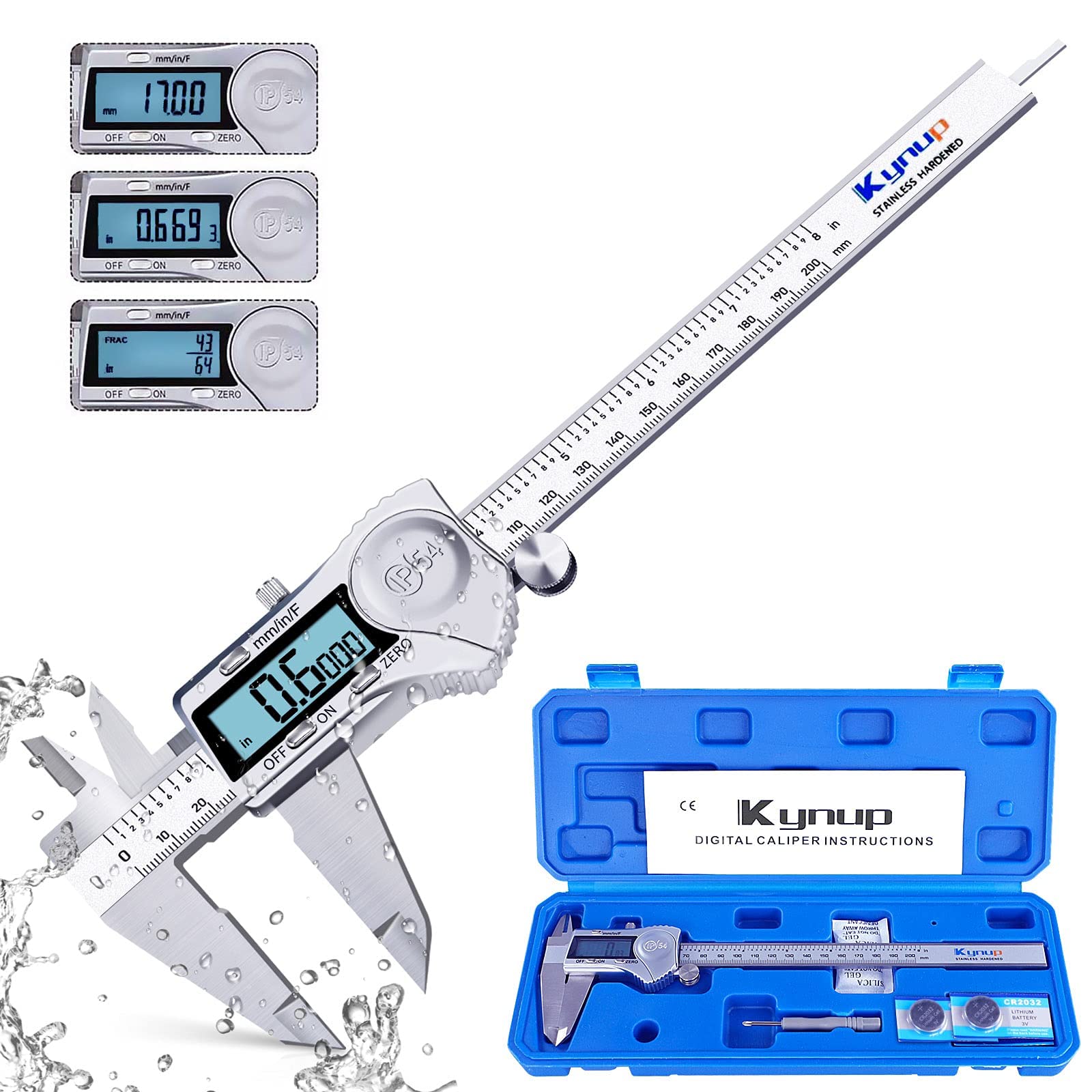 Kynup 0-12 Inch Digital Caliper, Caliper Measuring Tool with Stainless Steel, IP54 Waterproof Protection Design, Easy Switch from Inch Metric Fraction, Large LCD Screen (200mm/300mm)