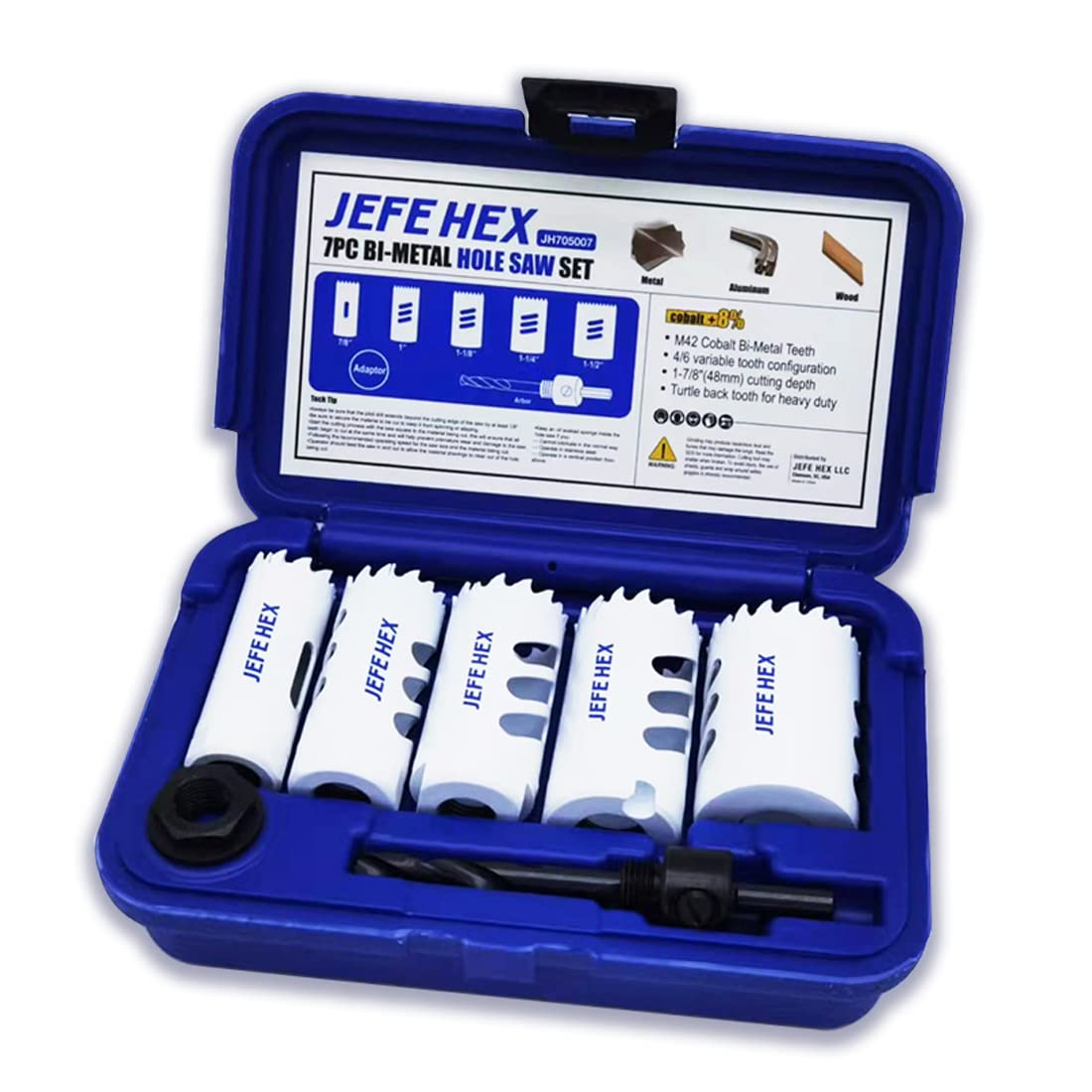 JEFE HEX Bi-Metal Hole Saw Kit, 7-Piece Hole Saw Set 7/8",1",1-1/8",1-1/4" and 1-1/2" Hole Saw with Mandrels for Metal, Wood, Plastic, PVC and Drywall