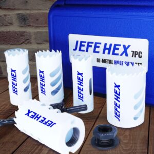 JEFE HEX Bi-Metal Hole Saw Kit, 7-Piece Hole Saw Set 7/8",1",1-1/8",1-1/4" and 1-1/2" Hole Saw with Mandrels for Metal, Wood, Plastic, PVC and Drywall