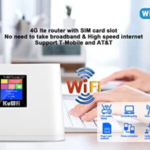 KuWFi 4G LTE Router with SIM Card Slot, Mobile WiFi Hotspot with LCD Display RJ45 | Support T-Mobile and AT&T | 150Mbps Wireless Connect up to 10 Devices(Built-in Antenna, No External)