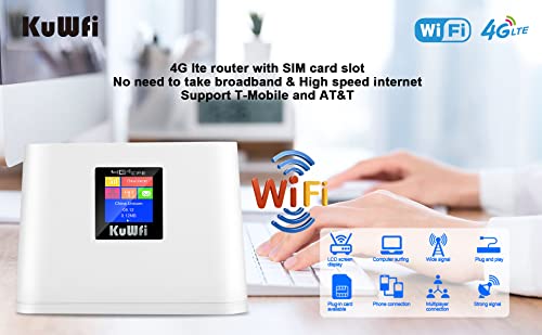 KuWFi 4G LTE Router with SIM Card Slot, Mobile WiFi Hotspot with LCD Display RJ45 | Support T-Mobile and AT&T | 150Mbps Wireless Connect up to 10 Devices(Built-in Antenna, No External)