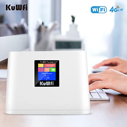 KuWFi 4G LTE Router with SIM Card Slot, Mobile WiFi Hotspot with LCD Display RJ45 | Support T-Mobile and AT&T | 150Mbps Wireless Connect up to 10 Devices(Built-in Antenna, No External)