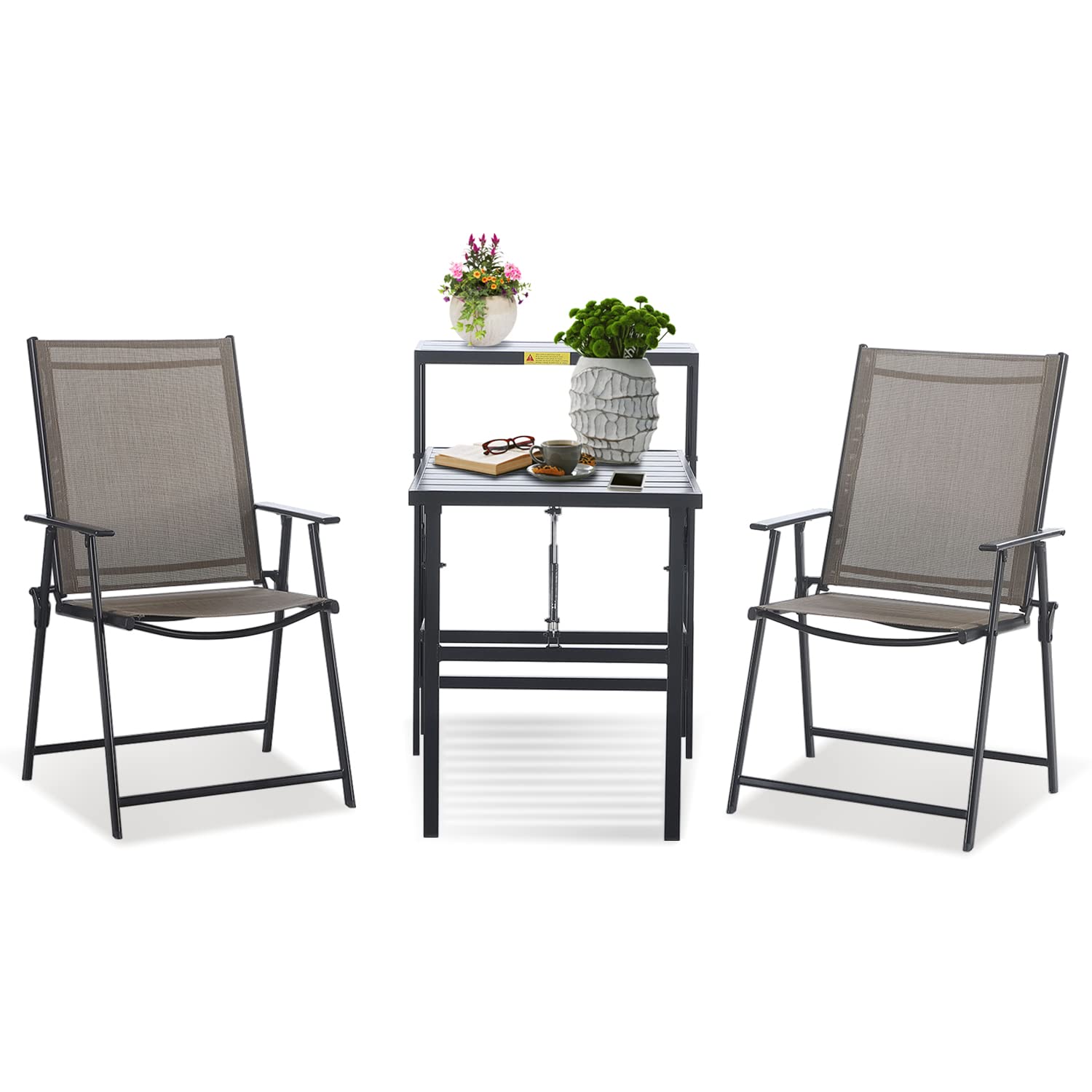 Ohuhu Patio Bistro Set 3 Piece Outdoor Folding Furniture Conversation Sets Foldable Coffee Table Chairs, 2-Tier Dining Table Set Space-Saving for Porch Balcony Yard Garden Lawn Pool Side Apartment