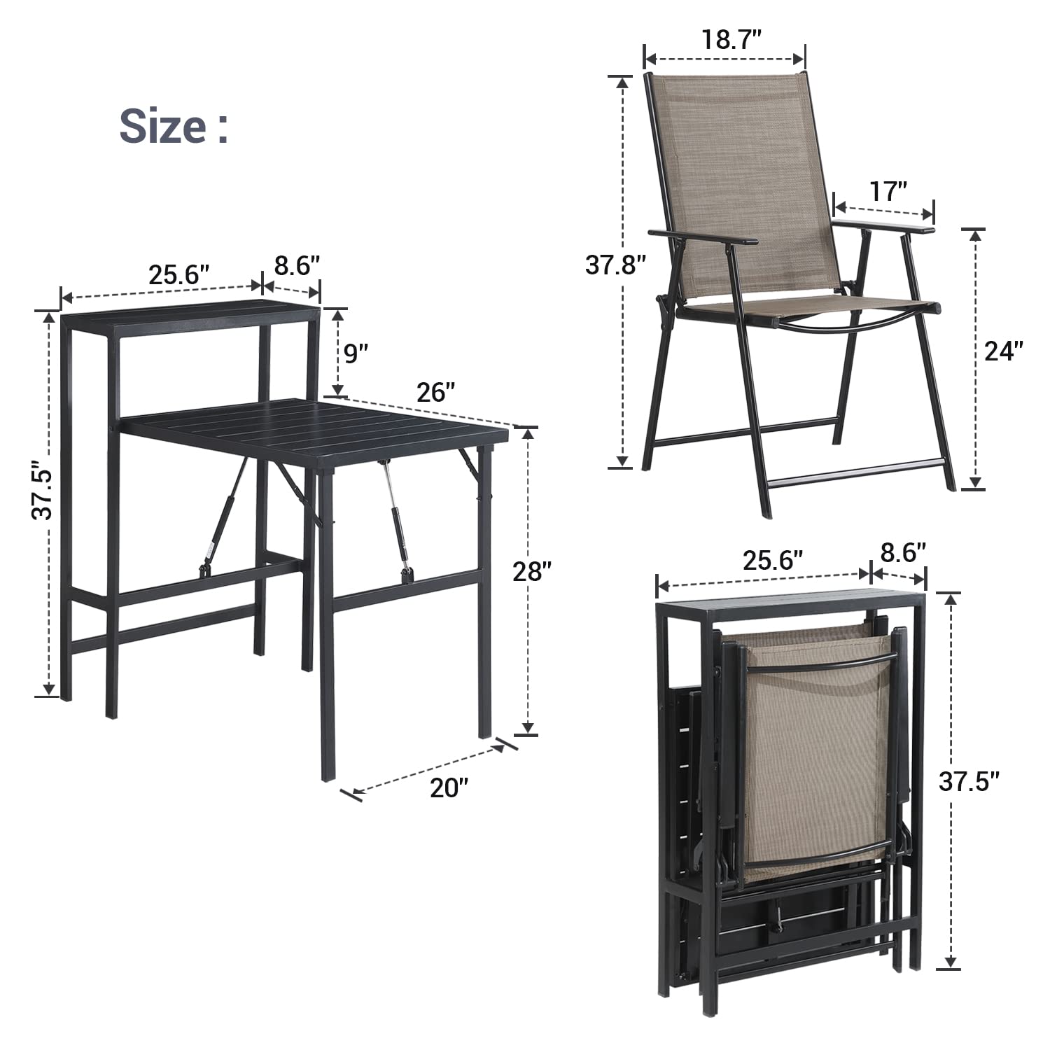 Ohuhu Patio Bistro Set 3 Piece Outdoor Folding Furniture Conversation Sets Foldable Coffee Table Chairs, 2-Tier Dining Table Set Space-Saving for Porch Balcony Yard Garden Lawn Pool Side Apartment