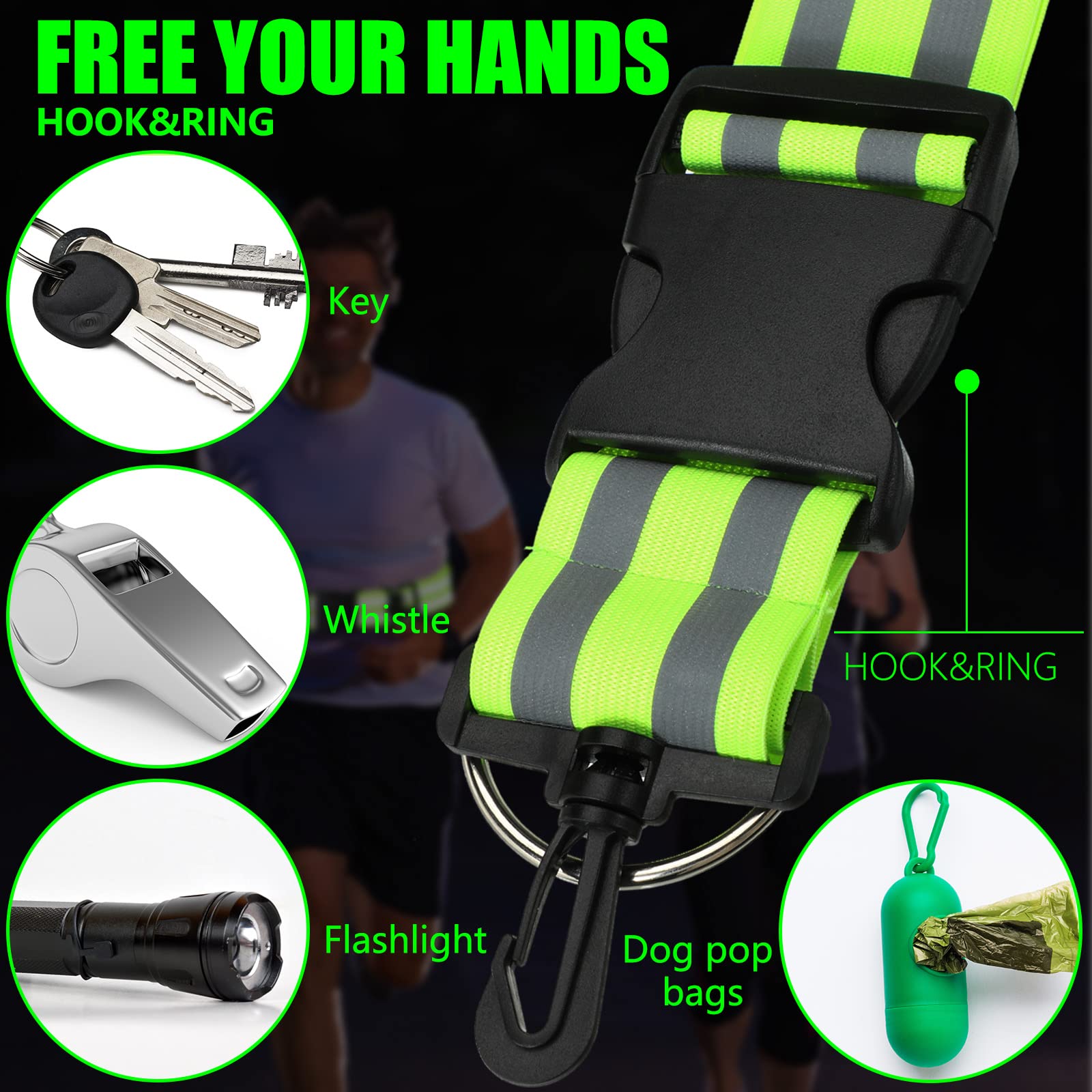 2 Pcs Reflective Sash with 4 Bands Adjustable Visibility Belt Safety Strap, Band for Wrist Arm Ankle Leg Substitute for Reflective Vest Reflective Running Gear (Fluorescent Green)