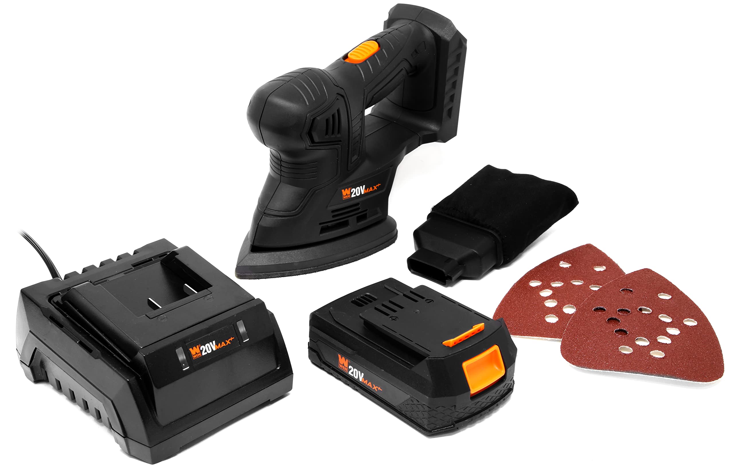 WEN Cordless Palm Sander with 20V Max 2.0 Ah Lithium-Ion Battery and Charger (20401) Black