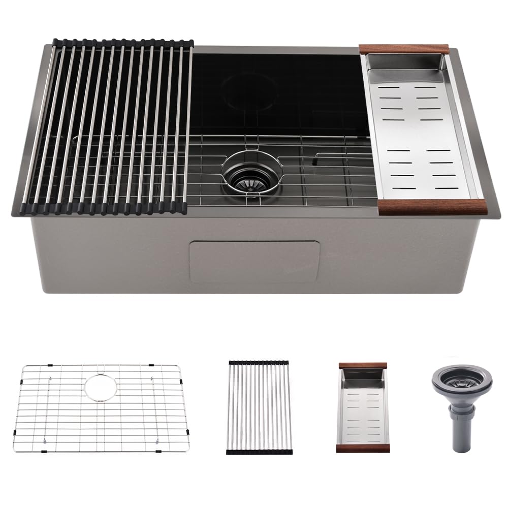 25 Inch Drop In Kitchen Sink Stainless Steel-Bokaiya 25x22 Topmount Kitchen Sink Drop In 16 Gauge Deep Single Bowl Kitchen Sink with Dish Grid& Roll Up Rack