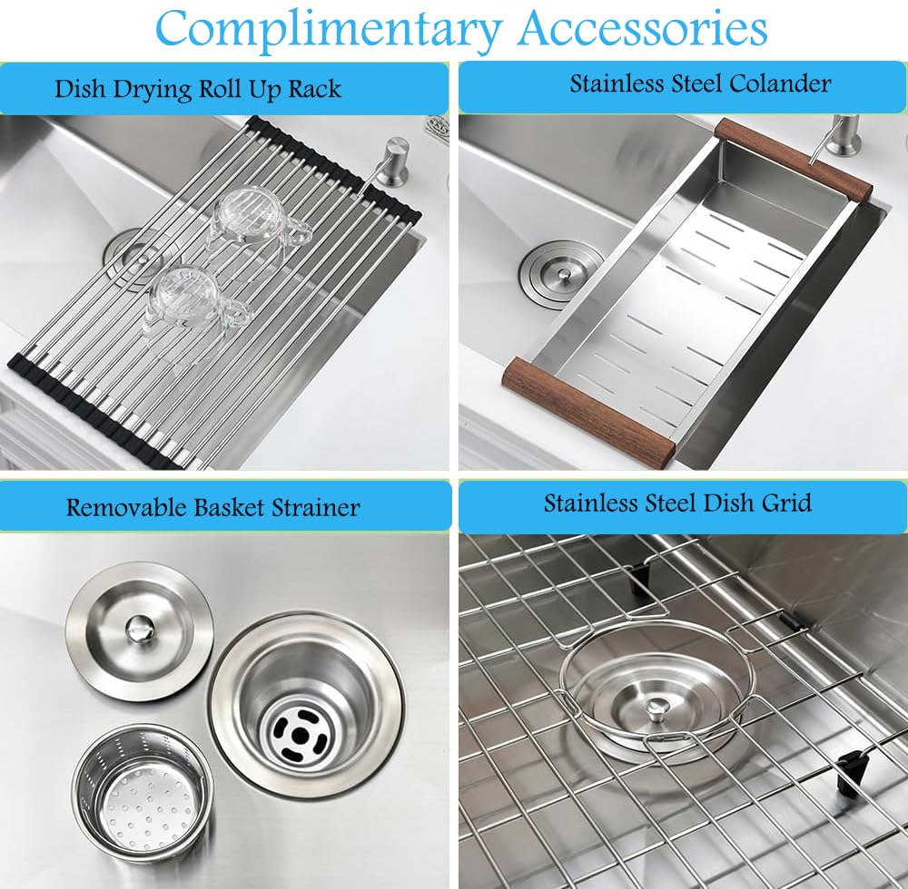 25 Inch Drop In Kitchen Sink Stainless Steel-Bokaiya 25x22 Topmount Kitchen Sink Drop In 16 Gauge Deep Single Bowl Kitchen Sink with Dish Grid& Roll Up Rack